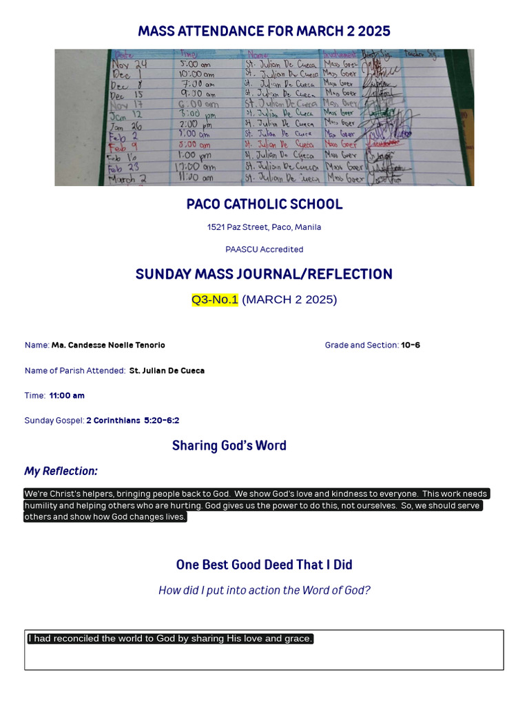 Mass Journal and Mass Attendance (March 2) | PDF