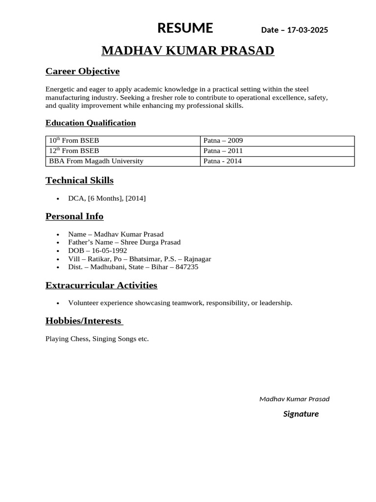 MADHAV KUMAR PRASAD Resume | PDF