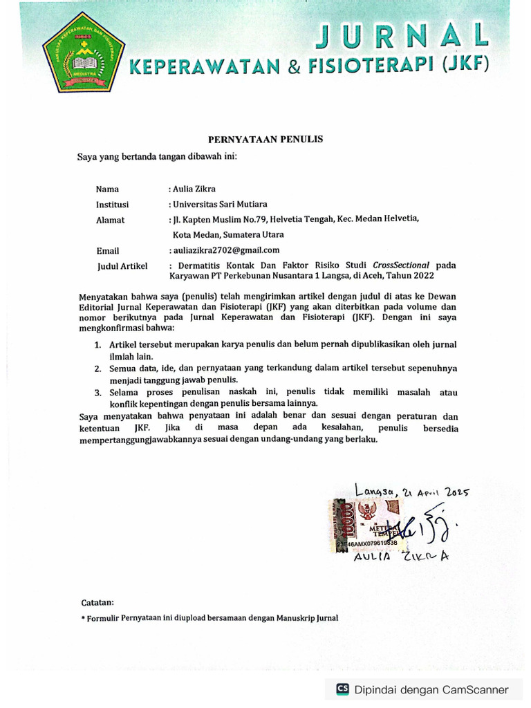 Surat Pernyataan Aulia Zikra. | PDF