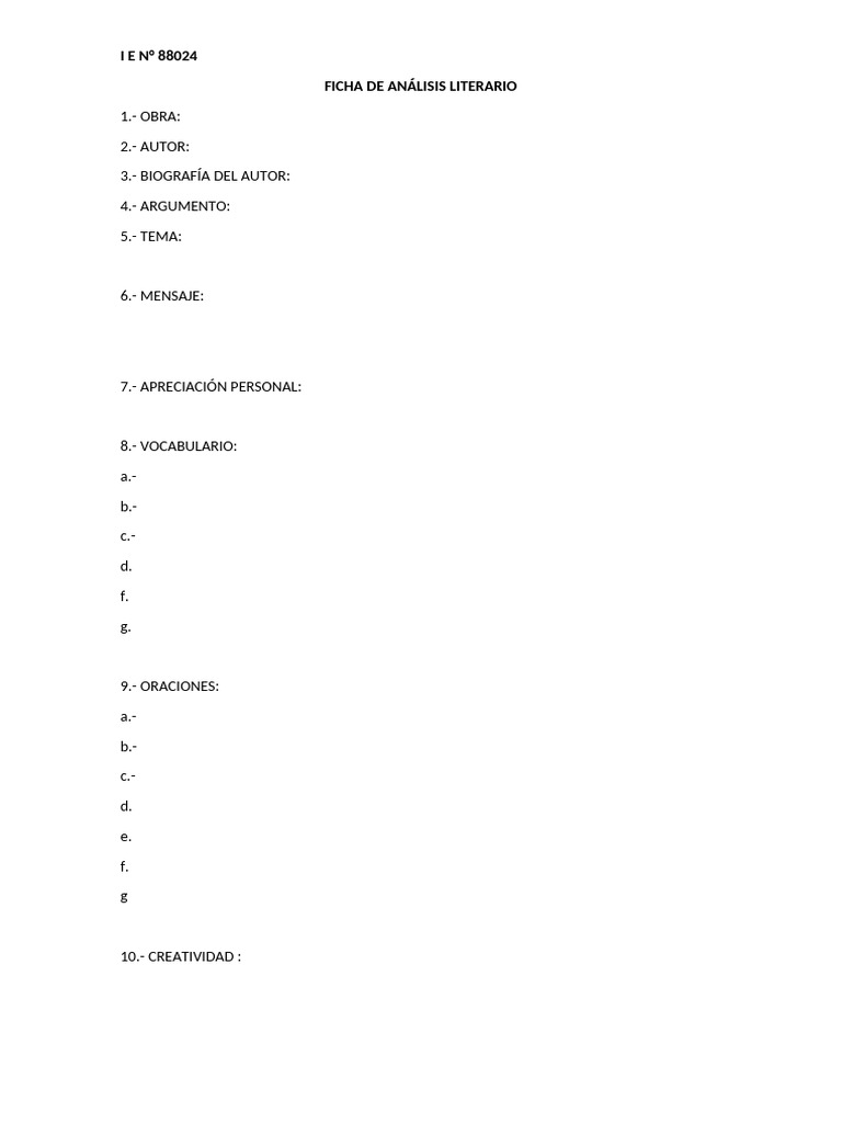 FICHA DE ANÁLISIS LITERARIO ESQUEMA 1° y 2 ° SEC. | PDF