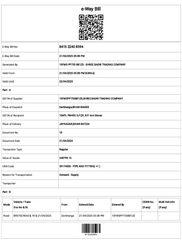 E Way Bill RP Iron | PDF