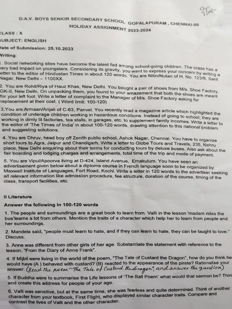 English Holiday Assignment | PDF