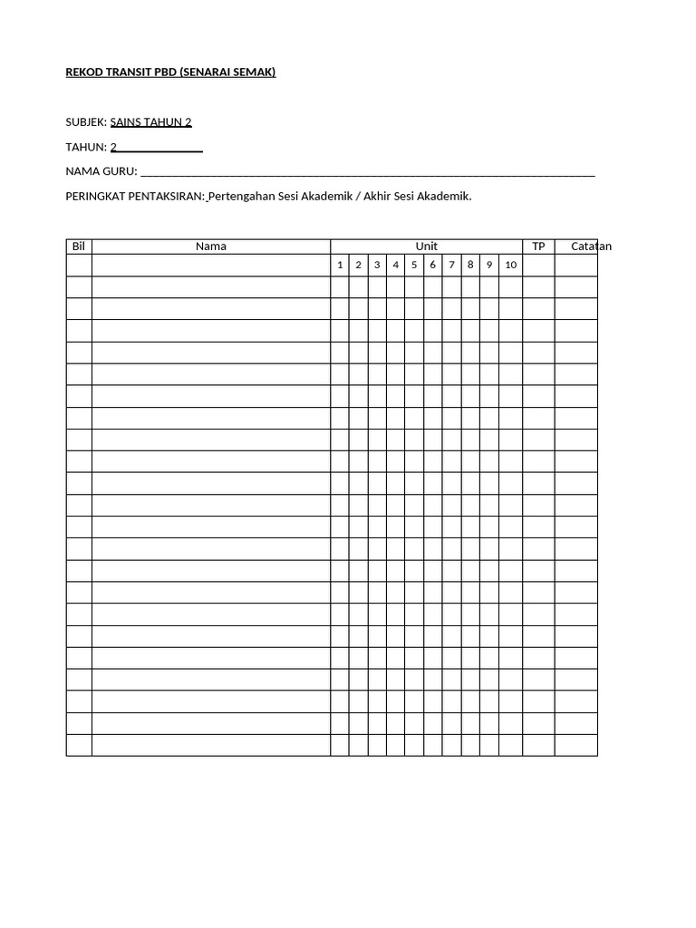 7. REKOD TRANSIT PBD SAINS THN 2 (Senarai Semak) | PDF