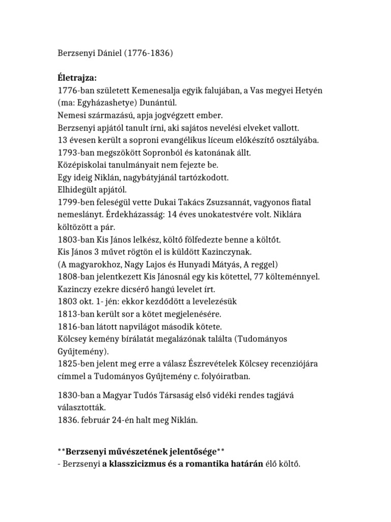 Berzsenyi Jegyzetek | PDF