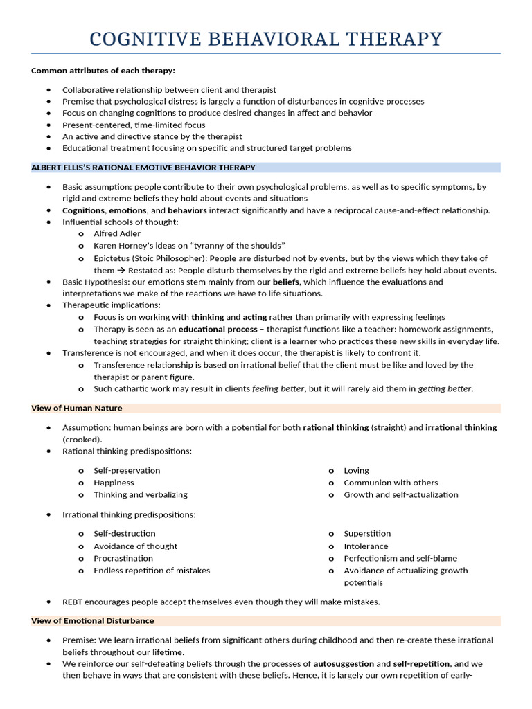 COGNITIVE BEHAVIORAL THERAPY | PDF | Rational Emotive Behavior Therapy ...