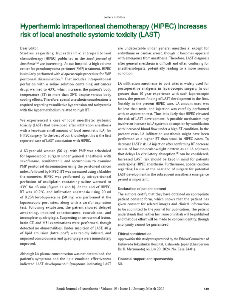 Hyperthermic Intraperitoneal Chemotherapy Hipec .34 | PDF | Anesthesia ...