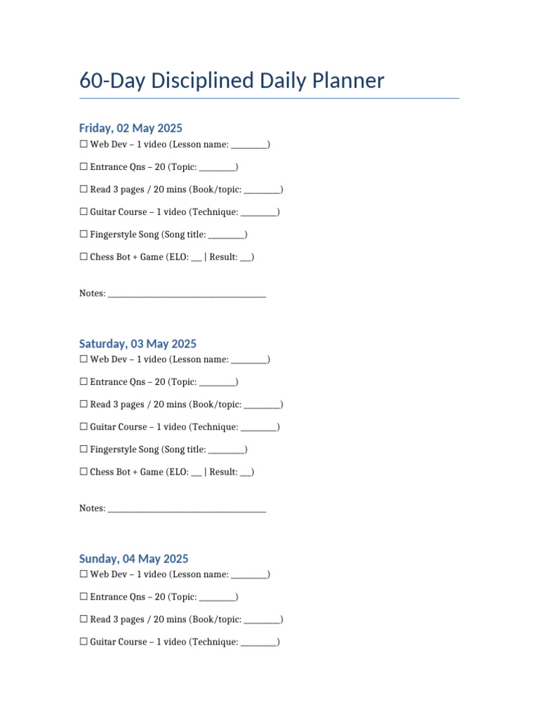 60-Day Daily Planner Template | PDF