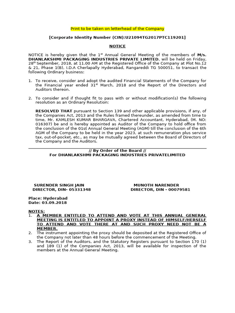 Agm Notice | PDF
