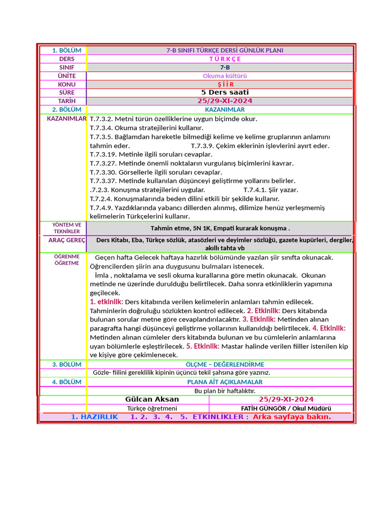 Sinif Ozgun Yayinlari SIIR Metni Gunluk Plani REHA ASIK | PDF