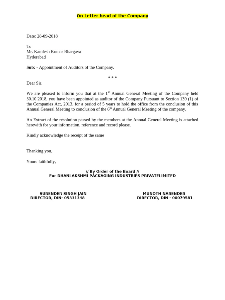 Auditor Appointment Intimation Letter | PDF