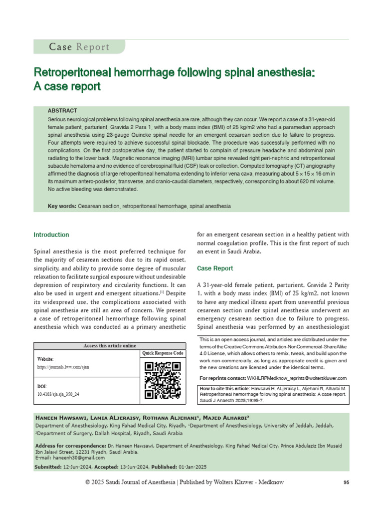 Retroperitoneal Hematoma Post-Spinal Anesthesia | PDF | Anesthesia ...
