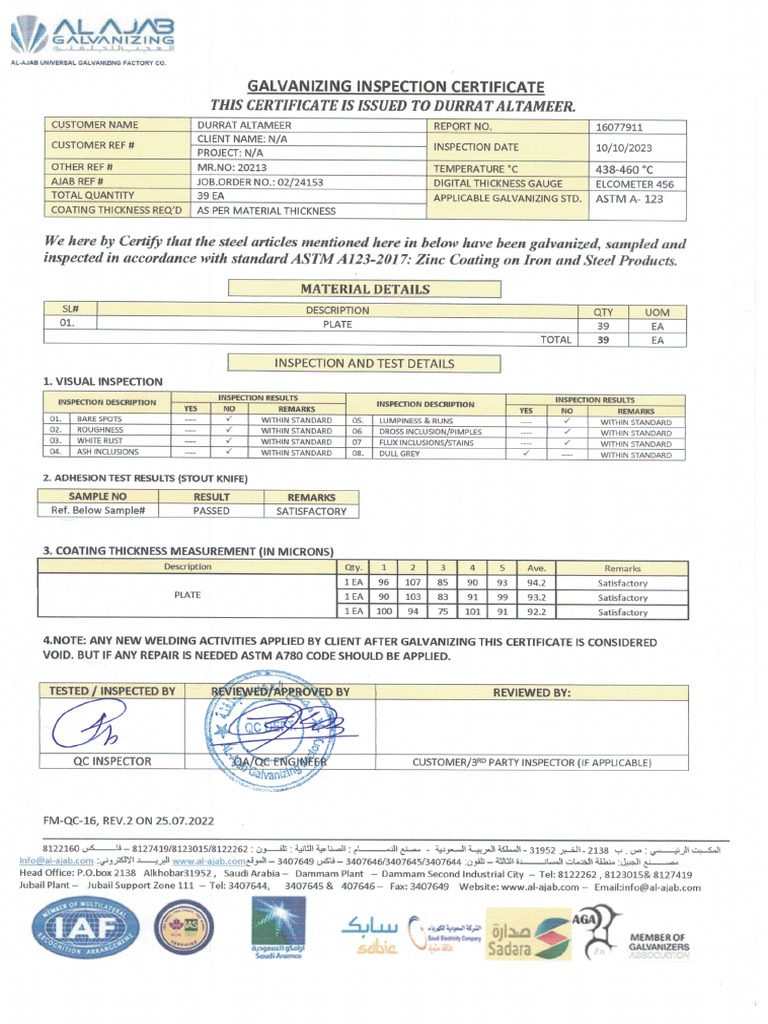 GALVANIZING Certificates | PDF