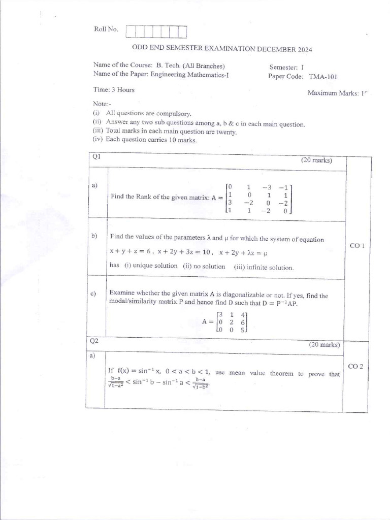 Btech All Branches Tma 101 Engg Mathematics-1 | PDF