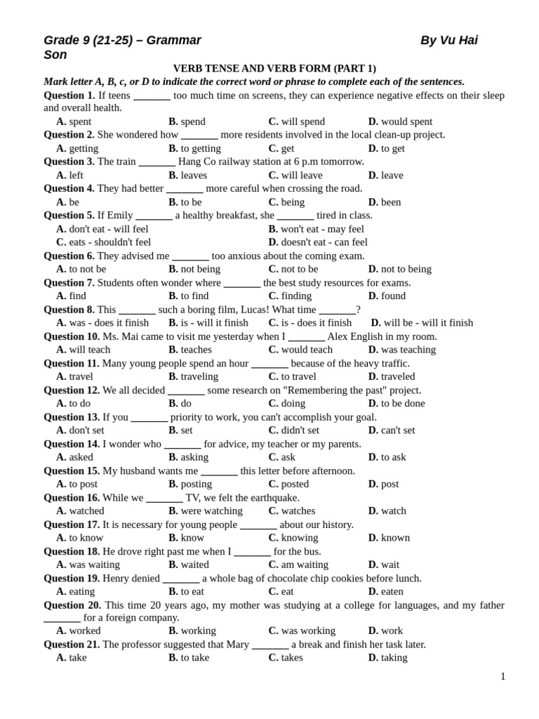 Verb Tense and Verb Form 1 | PDF | Question | Linguistics
