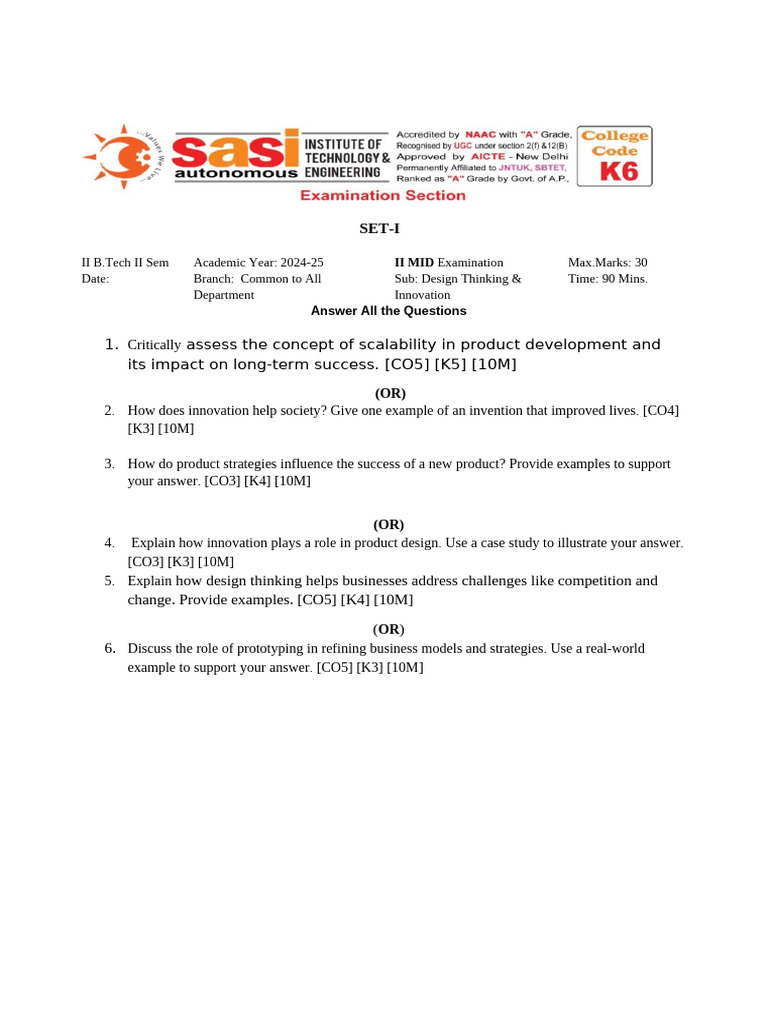 MID 2 DTI Question Paper Set | PDF | Innovation | Creativity