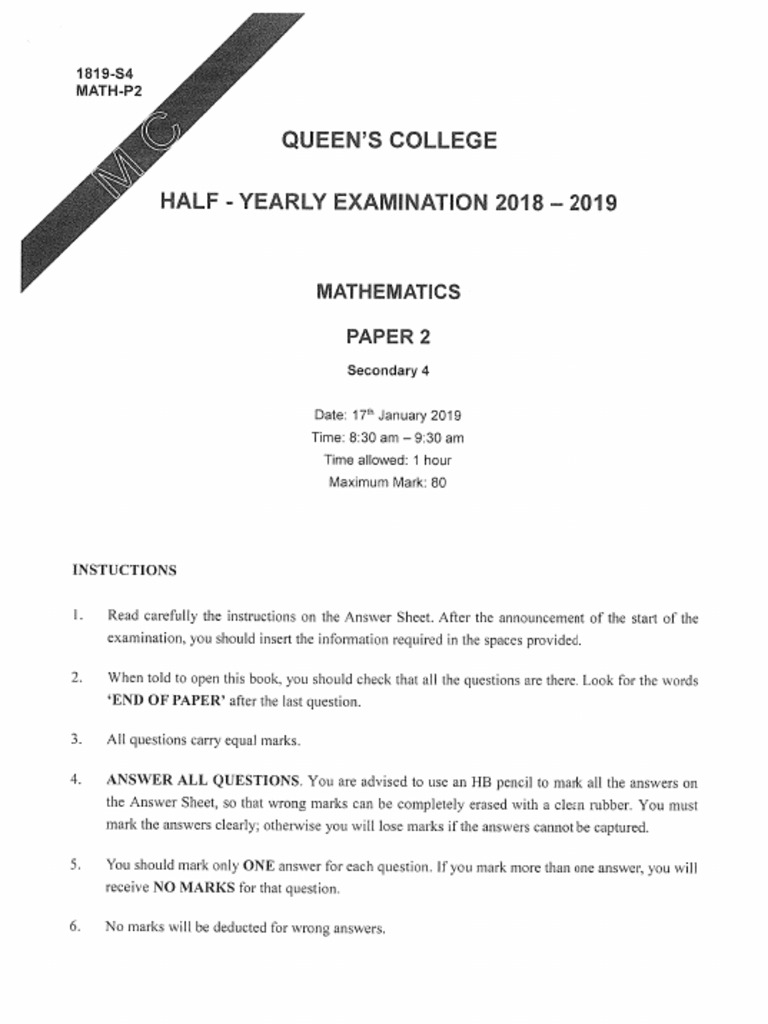 2018-19 - HYE - S4 - Math 2 - Q and Ans | PDF