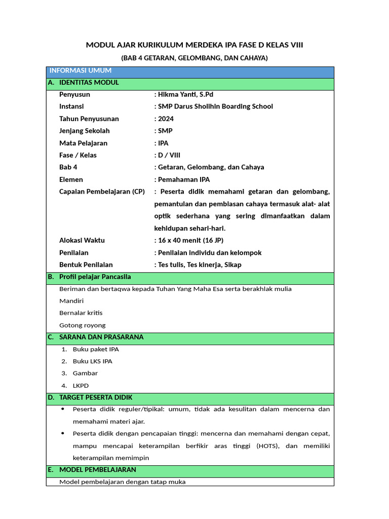 Modul Ajar Ipa Bab 4 Getaran Gelombang Cahaya | PDF