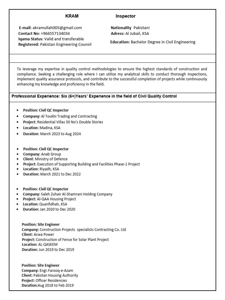 Akram - Resume.qci Civil | PDF | Concrete | Specification (Technical Standard)