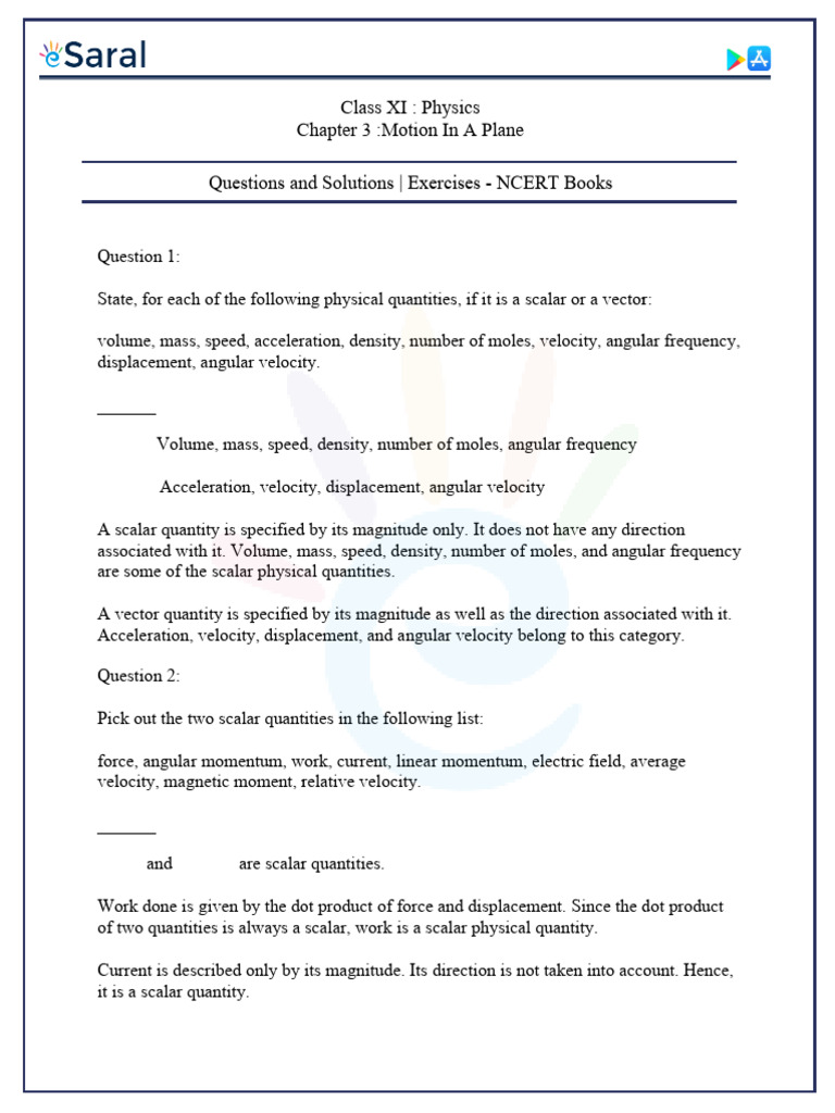 NCERT Solutions Class 11 Physics Chapter 3 Motion in A Plane PDF | PDF | Euclidean Vector | Velocity