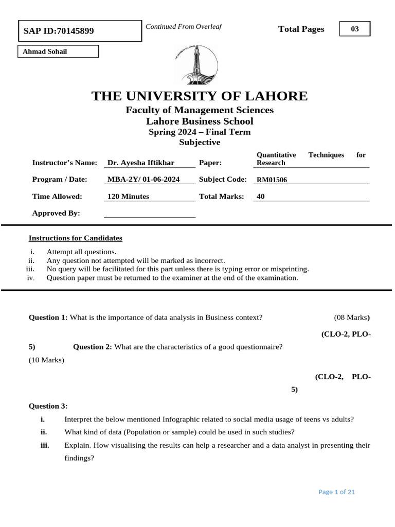 Final Term Question Paper | PDF | Dependent And Independent Variables | Regression Analysis