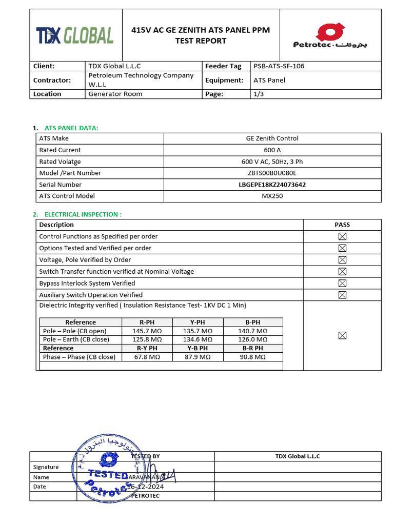 ATS Panel Test Report Summary | PDF | Switch | Electrical Engineering