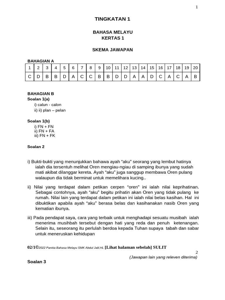 Skema BM (Kertas 1) Tingkatan 1 PPT 2022 | PDF