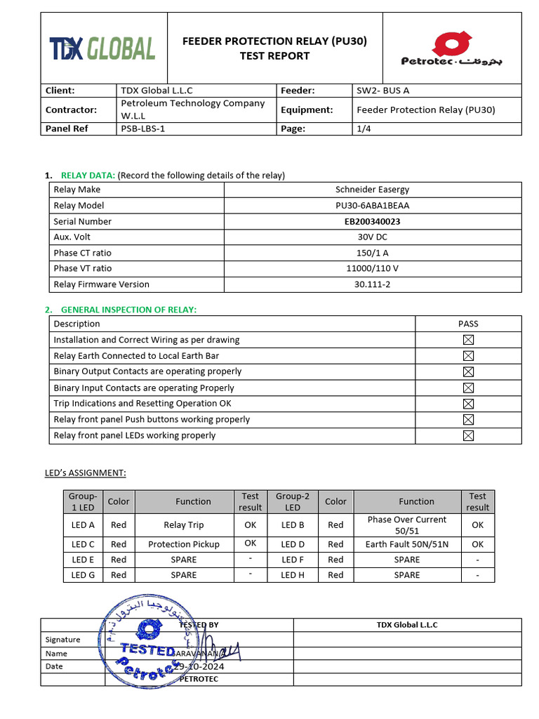 PSB-LBS-1 - SW2-BUS A - PU30 Relay - 29-10-2024 | PDF | Relay | Electricity