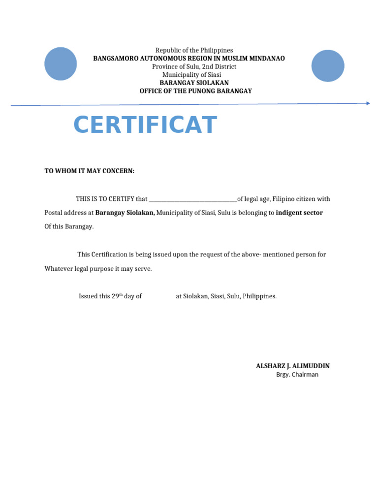 Barangay Indigency Certification Sample | PDF