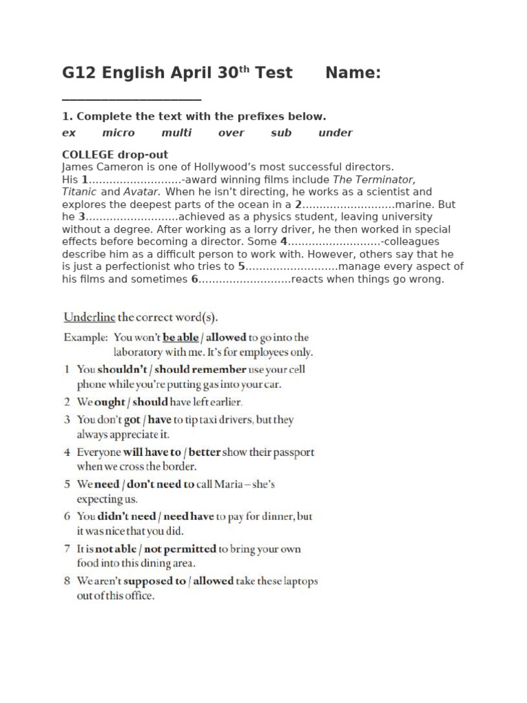 G12 English April 30th Test Name | PDF