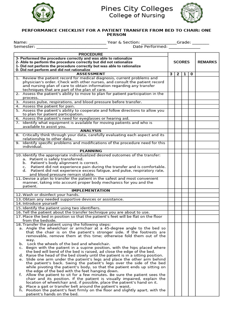 Patient Transfer Checklist for Nurses | PDF | Wheelchair | Nursing