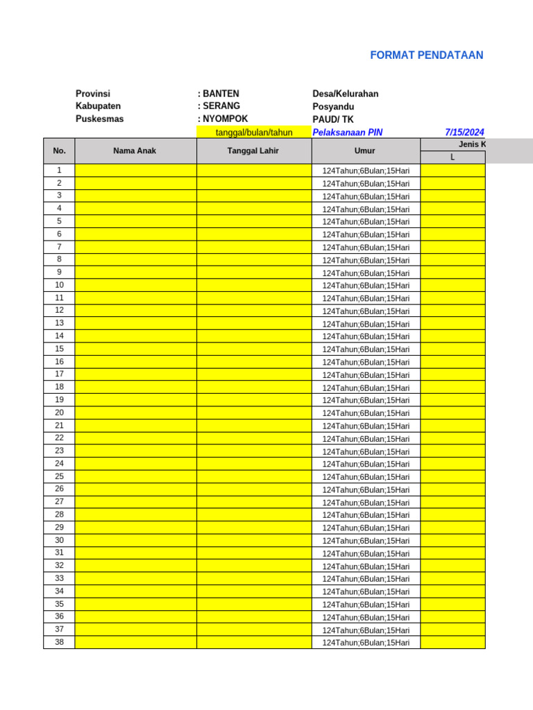 Format Pendataan PIN Polio | PDF