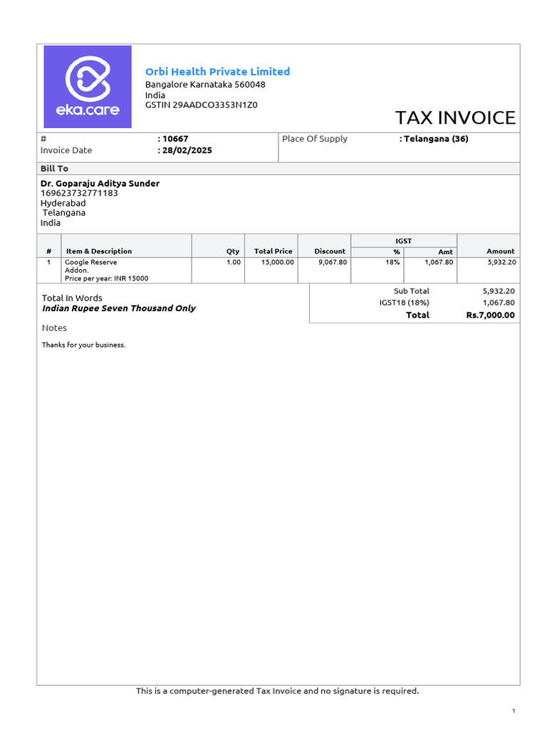 Tax Invoice: Orbi Health Private Limited | PDF