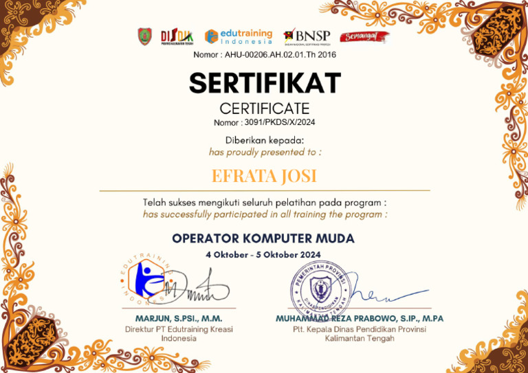 3091-PKDS-X-2024 - EFRATA JOSI - Sertifikat Operator Komputer Muda | PDF