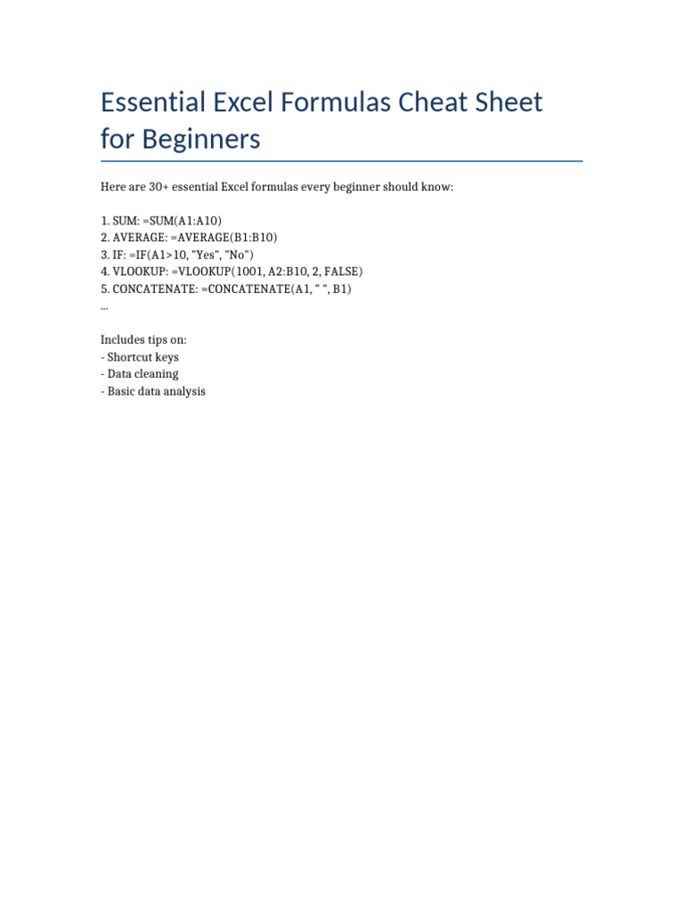 02 Essential Excel Formulas Cheat Sheet For Beginners | PDF