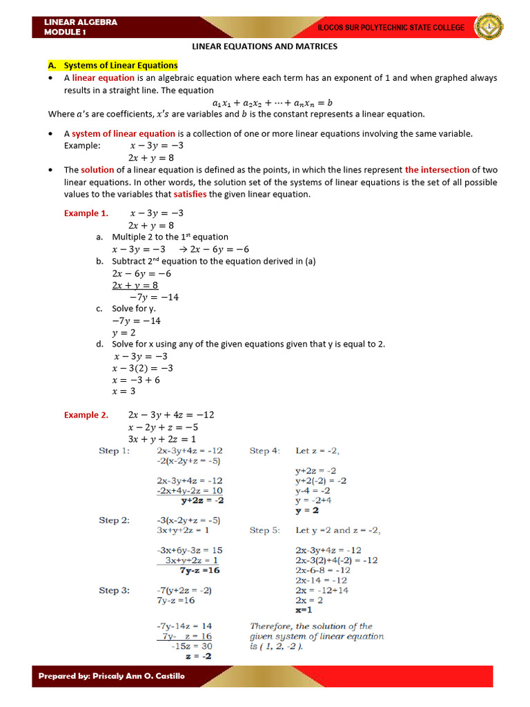 Linear Algebra MODULE 1 Linear Equations and Matrices | PDF | Matrix (Mathematics) | System Of ...