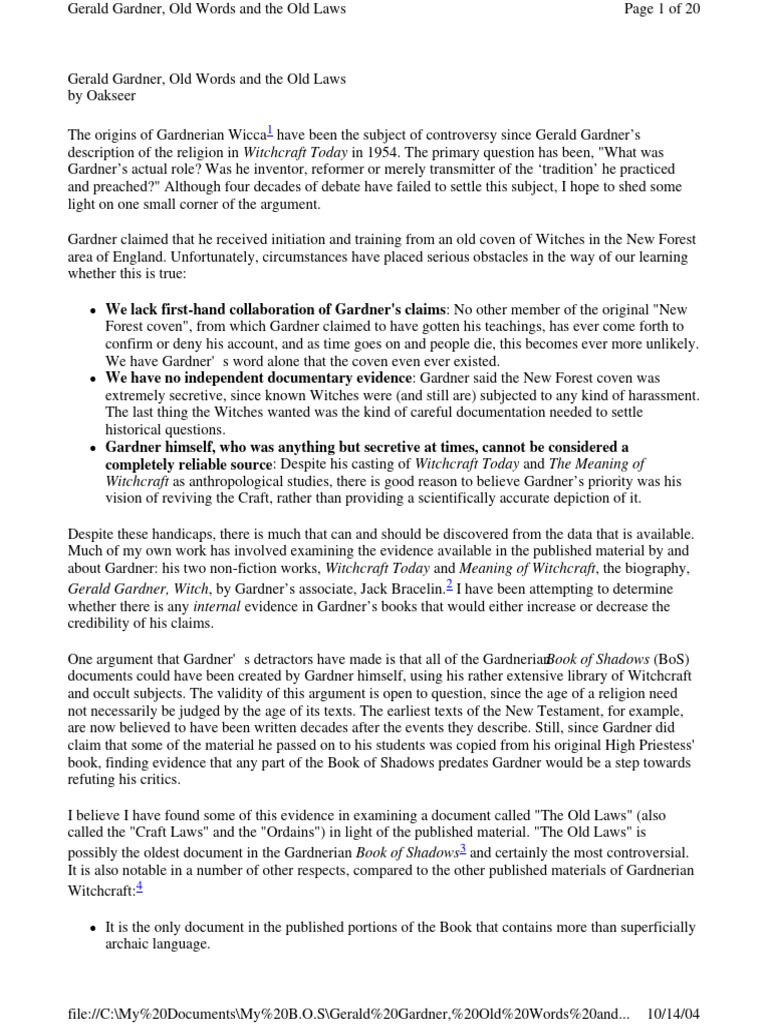 Gardnerian Wicca: The Old Laws Explained | PDF | Wicca | Witchcraft