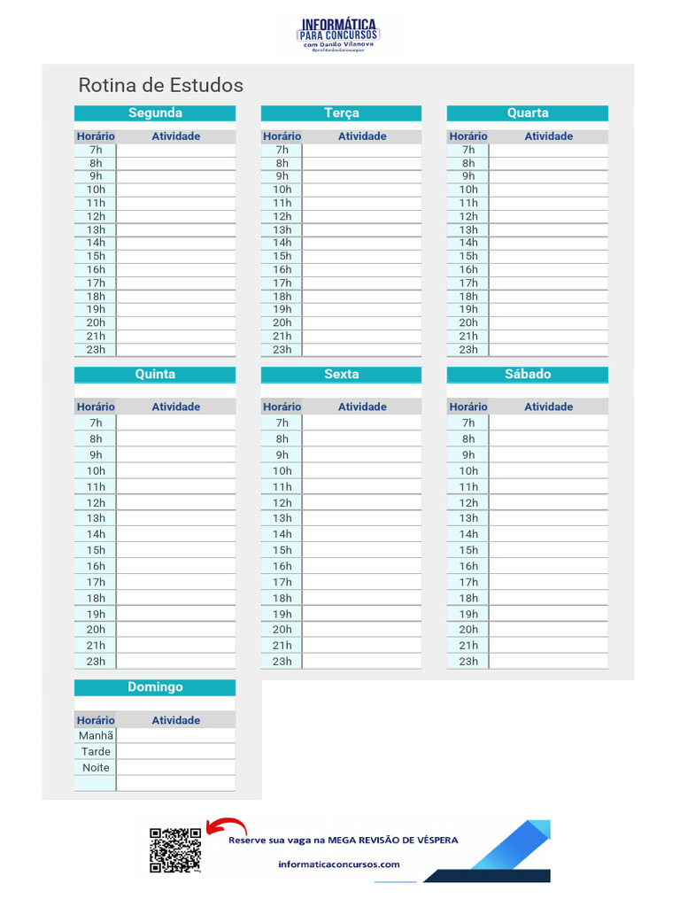 Rotina de Estudos - Ficha de Horários - Professor Danilo Vilanova | PDF