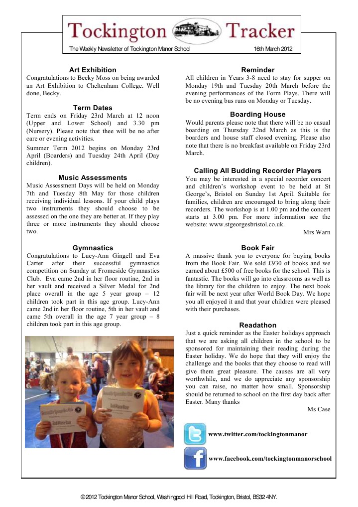 Tockington Tracker 16-03-12 | PDF | Schools | Sports