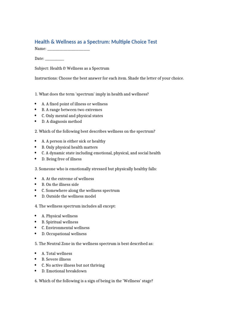 Health & Wellness Spectrum Quiz | PDF | Nutrition | Diet & Nutrition