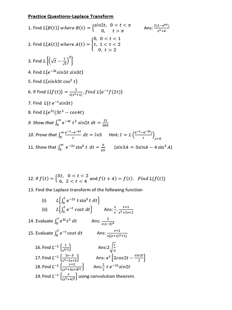Practice Questions-Laplace Transforms | PDF