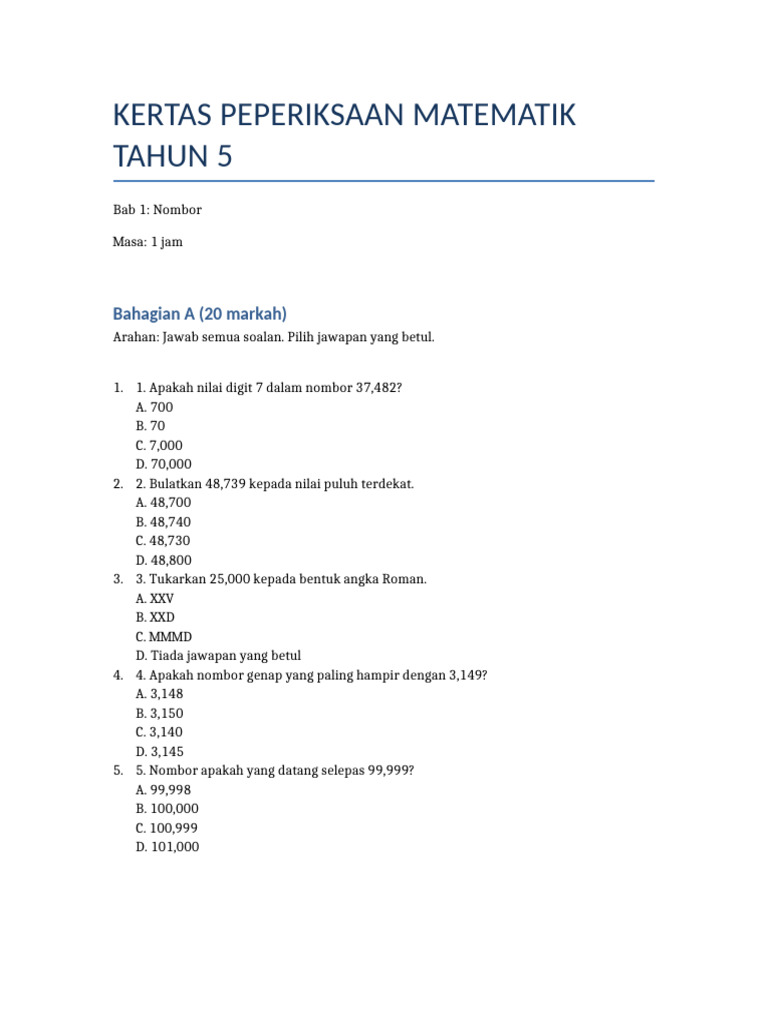 Kertas Matematik Tahun 5 Bab 1 Aras Pdf
