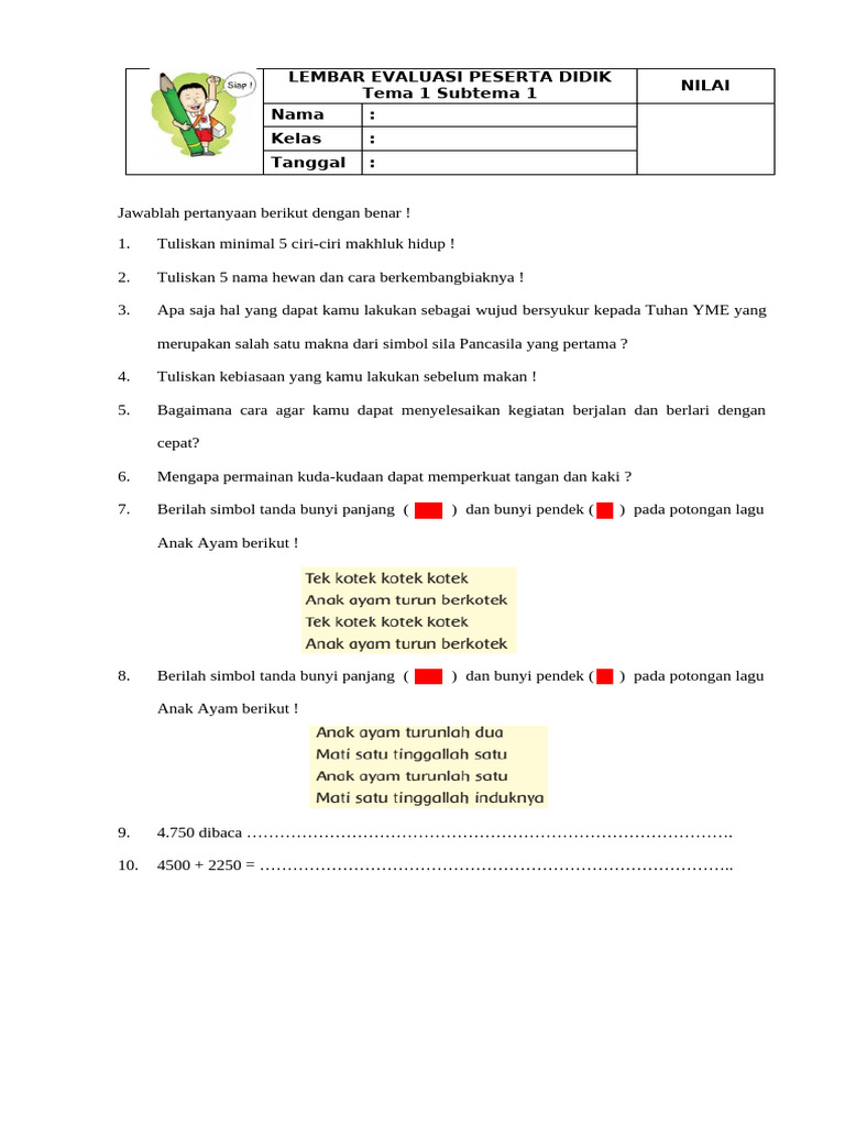 LAMPIRAN LEMBARAN EVALUASI TEMA 1 ST 1 | PDF