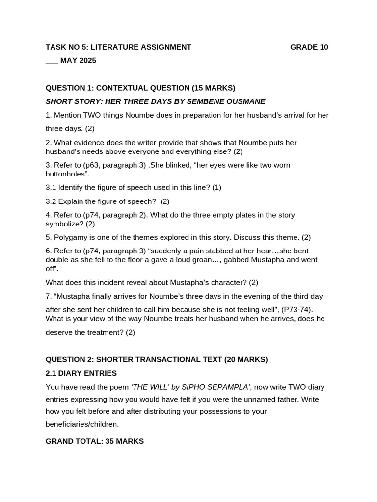 Grade 10 Literature Assignment: Her Three Days | PDF