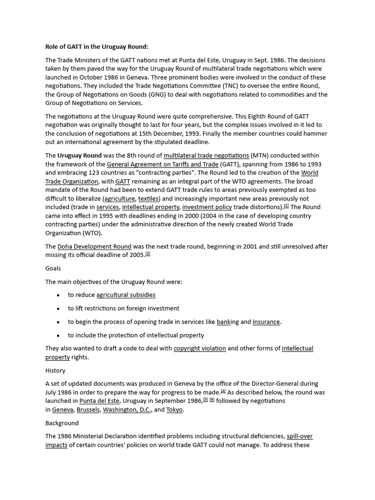 Role of GATT in The Uruguay Round | PDF | Uruguay Round | World Trade ...