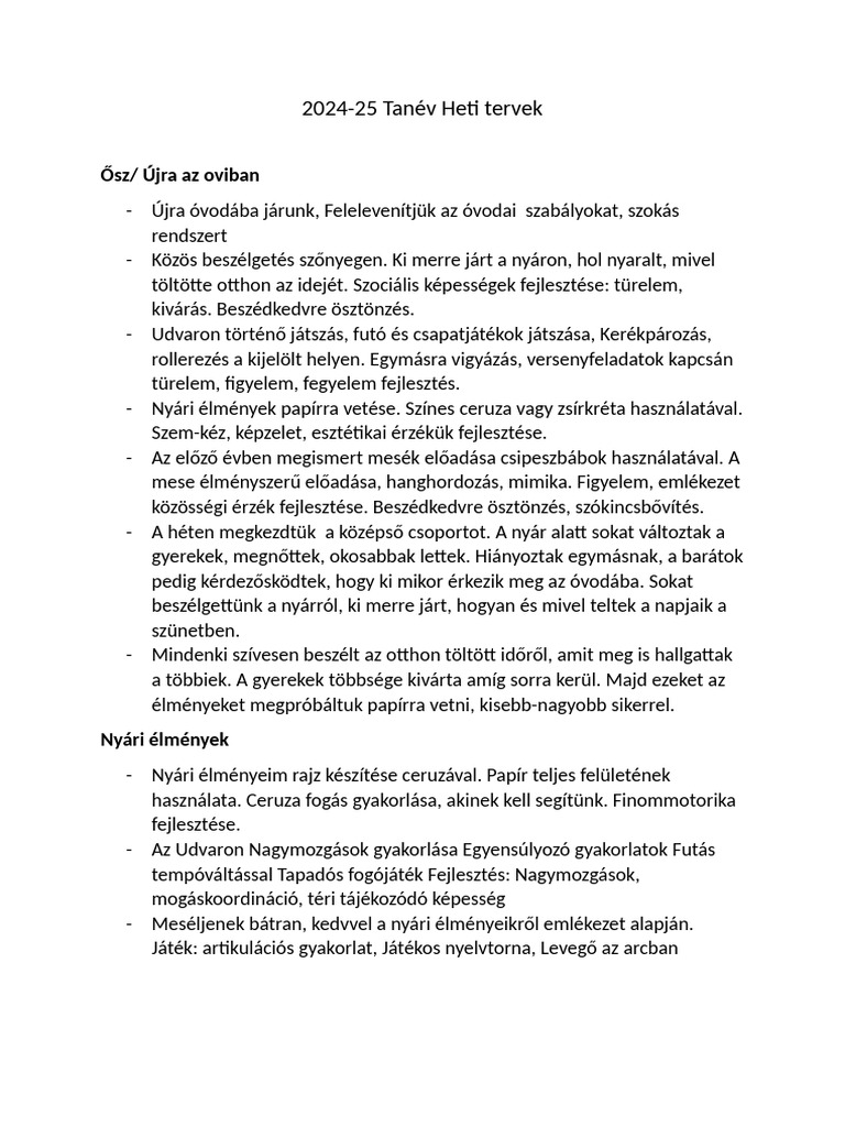 2024-25. TANÉV Heti tervek | PDF