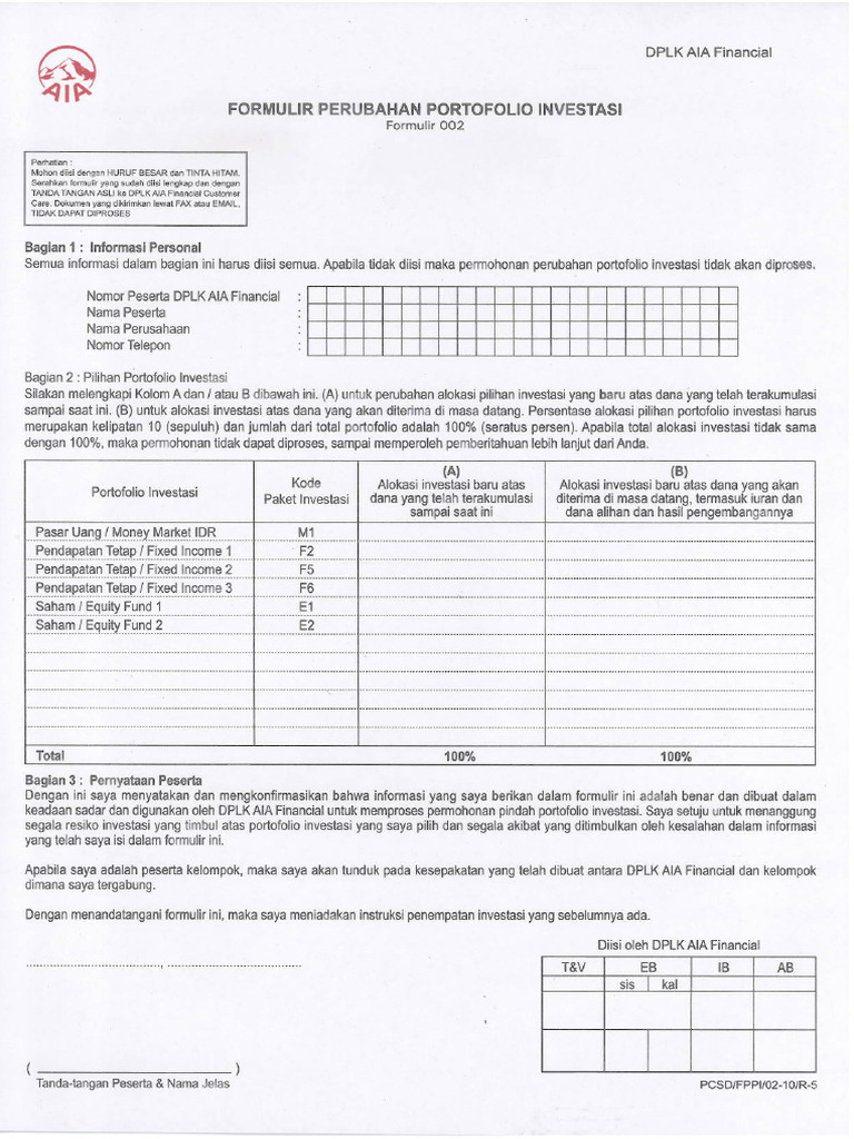 Form 002 Perubahan Portofolio Investasi | PDF