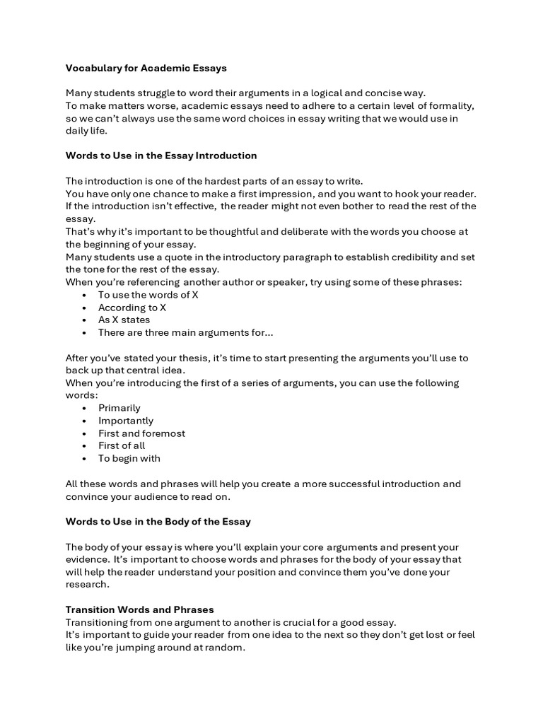 Academic Vocabulary for Essays | PDF | Essays | Argument