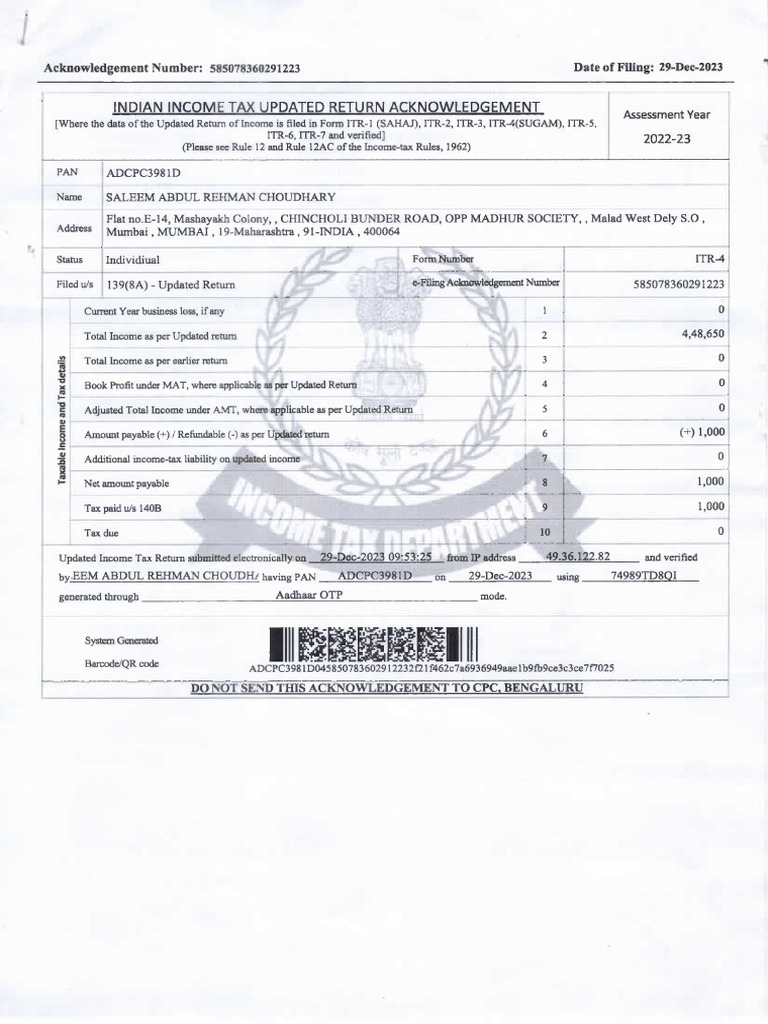 Saleem Chaudhary Itr 2022-23 | PDF | Tax Refund | Expense