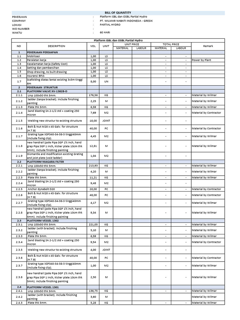 BoQ Platform ISBL Dan OSBL Partial Hydro | PDF