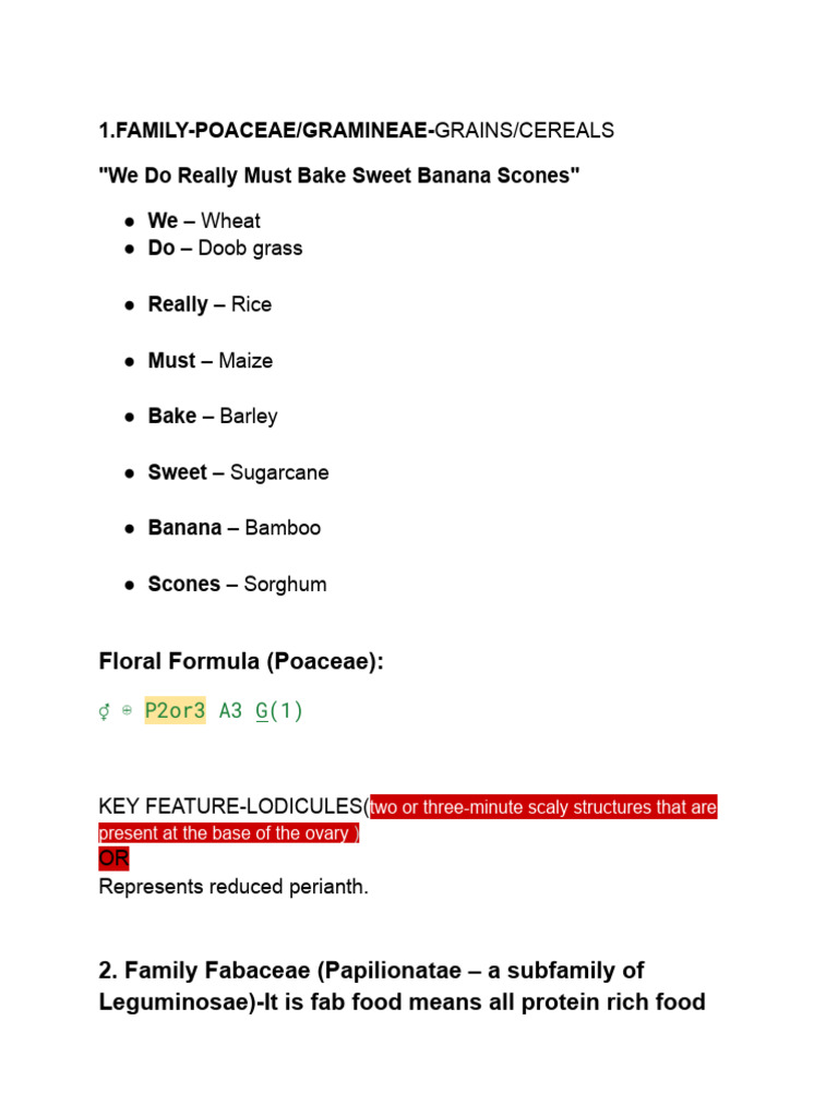 Floral Formulas and Mnemonics for Families | PDF